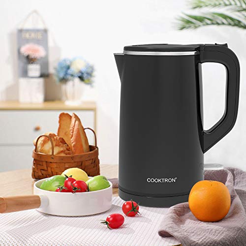 COOKTRON 1.7L Quiet Electric Kettle, Double Wall Hot Water Boiler BPA-Free Cool Touch Tea Kettle, Cordless with Auto Shut-Off & Boil Dry Protection, 1500W Fast Boiling, Black