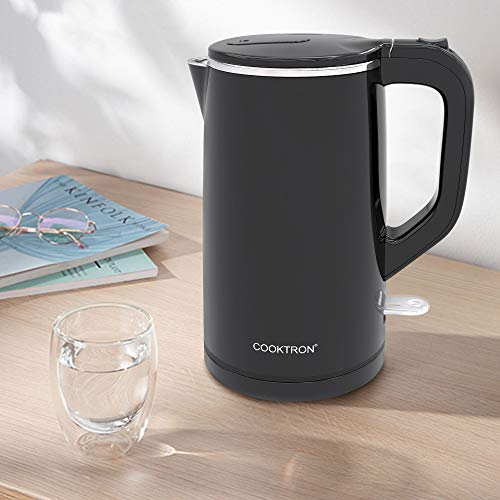 COOKTRON 1.7L Quiet Electric Kettle, Double Wall Hot Water Boiler BPA-Free Cool Touch Tea Kettle, Cordless with Auto Shut-Off & Boil Dry Protection, 1500W Fast Boiling, Black