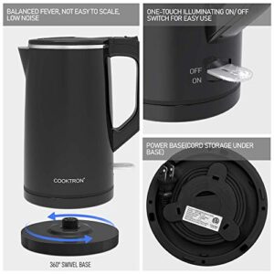 COOKTRON 1.7L Quiet Electric Kettle, Double Wall Hot Water Boiler BPA-Free Cool Touch Tea Kettle, Cordless with Auto Shut-Off & Boil Dry Protection, 1500W Fast Boiling, Black