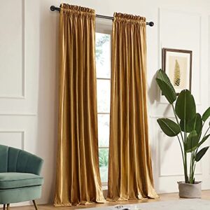 PRIMROSE Gold Curtains 63 inch for Living Room Velvet Blackout Rod Pocket Window Drapes Treatment Semi Room Darkening Decor Golden Curtains for Bedroom Set of 2 Panels