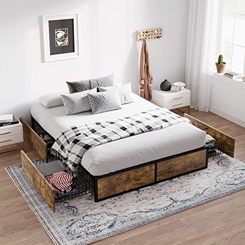 SHA CERLIN Full Size Bed Frame with Storage, Platform Bed with 4 Extra Large Storage Drawers on Wheels, Mattress Foundation, Strong Metal Slat Support, No Box Spring Needed, Easy Assembly