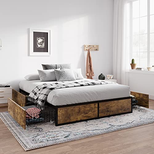 SHA CERLIN Full Size Bed Frame with Storage, Platform Bed with 4 Extra Large Storage Drawers on Wheels, Mattress Foundation, Strong Metal Slat Support, No Box Spring Needed, Easy Assembly