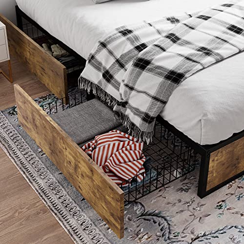 SHA CERLIN Full Size Bed Frame with Storage, Platform Bed with 4 Extra Large Storage Drawers on Wheels, Mattress Foundation, Strong Metal Slat Support, No Box Spring Needed, Easy Assembly