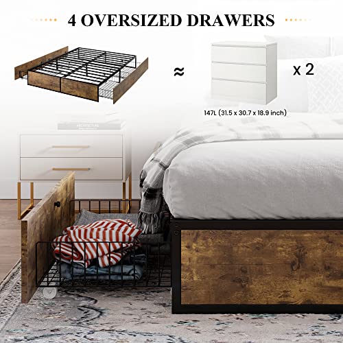 SHA CERLIN Full Size Bed Frame with Storage, Platform Bed with 4 Extra Large Storage Drawers on Wheels, Mattress Foundation, Strong Metal Slat Support, No Box Spring Needed, Easy Assembly