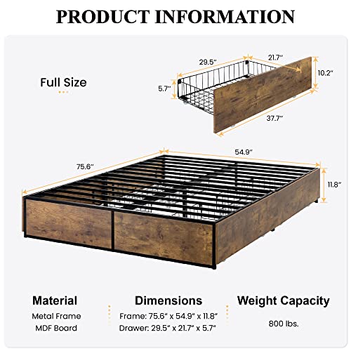 SHA CERLIN Full Size Bed Frame with Storage, Platform Bed with 4 Extra Large Storage Drawers on Wheels, Mattress Foundation, Strong Metal Slat Support, No Box Spring Needed, Easy Assembly