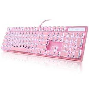 camiysn typewriter style mechanical gaming keyboard, pink retro punk gaming keyboard with white backlit, 104 keys blue switch wired cute keyboard, round keycaps for windows/mac/pc