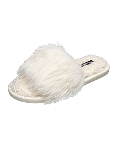 NINE WEST Women's Open Toe Fuzzy Slippers Cozy Sherpa Memory Foam Sole House Slides, Ivory, Medium, Size 7-8