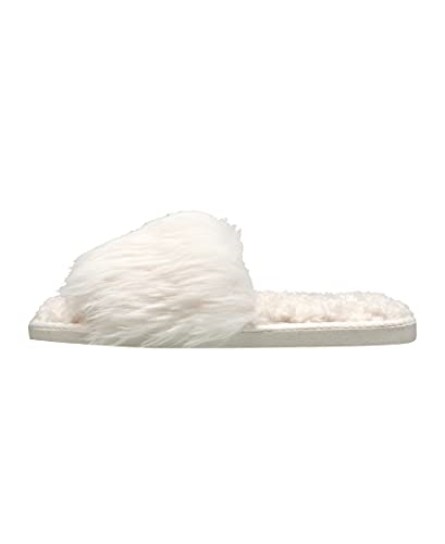 NINE WEST Women's Open Toe Fuzzy Slippers Cozy Sherpa Memory Foam Sole House Slides, Ivory, Medium, Size 7-8