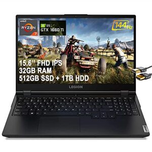 lenovo flagship 2021 legion 5 gaming laptop 15.6" fhd 144hz amd octa-core ryzen 7 4800h (beats i7-9750h) 32gb ddr4 512gb ssd 1tb hdd gtx 1660ti 6g backlit webcam win 10 + hdmi cable