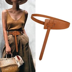 BAOKELAN Women Faux Leather Tie Belt Knotted Wide Waist Belt for Jeans Jumpsuit Coat Dress Brown 120cm