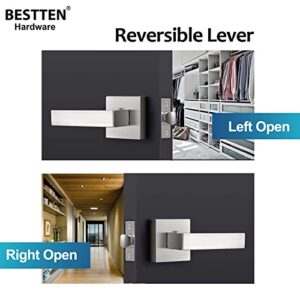 BESTTEN Satin Nickel Passage Door Lever with Removable Latch Plate, Monaco Series All Metal Square Non-Locking Interior Door Handle Set for Hallway and Closet, Modern Style