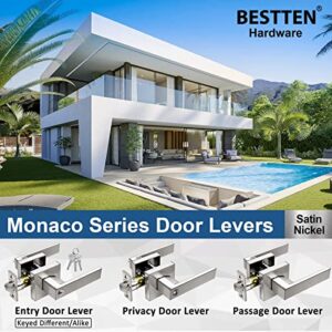 BESTTEN Satin Nickel Passage Door Lever with Removable Latch Plate, Monaco Series All Metal Square Non-Locking Interior Door Handle Set for Hallway and Closet, Modern Style