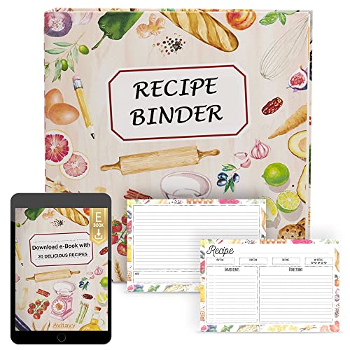 Avitavy Recipe Binder Kit - Organize Your Recipes with 60 4"x6" Recipe Cards, 80 Page Protectors, 12 Dividers, 24 Tab Stickers e-Book with 20 Recipes - Recipe Organizer for Storing - 11"x11.5" Size