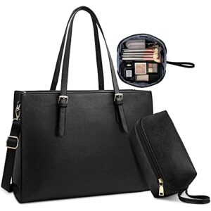 laptop bag for women waterproof lightweight leather 15.6 inch computer tote bag business office briefcase large capacity handbag shoulder bag professional office work bag purse 2pcs set, black