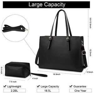 Laptop Bag for Women Waterproof Lightweight Leather 15.6 Inch Computer Tote Bag Business Office Briefcase Large Capacity Handbag Shoulder Bag Professional Office Work Bag Purse 2pcs Set, Black