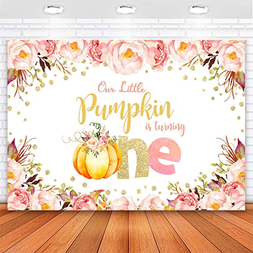 Avezano Pumpkin 1st Birthday Backdrop Floral Litttle Pumpkin First Birthday Background Fall Autumn Girl Pink and Gold Dots Pumpkin Birthday Background (8x6)