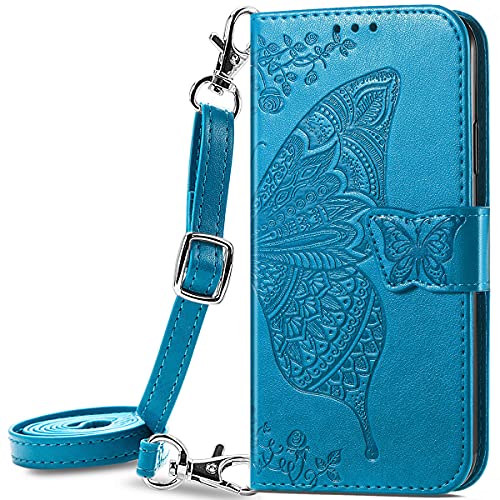 NW Ysnzaq Samsung Galaxy S21 Ultra Crossbody & Lanyard Wallet Case,3D Butterfly Embossed PU Leather Magnetic Clasp Case with Credit Card Slots Holder Cover for HZD Blue