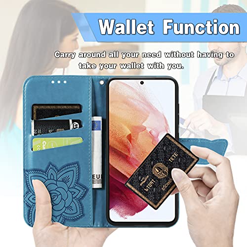 NW Ysnzaq Samsung Galaxy S21 Ultra Crossbody & Lanyard Wallet Case,3D Butterfly Embossed PU Leather Magnetic Clasp Case with Credit Card Slots Holder Cover for HZD Blue