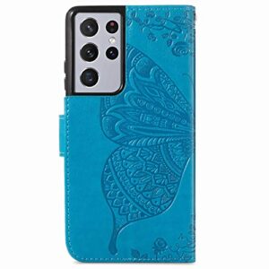 NW Ysnzaq Samsung Galaxy S21 Ultra Crossbody & Lanyard Wallet Case,3D Butterfly Embossed PU Leather Magnetic Clasp Case with Credit Card Slots Holder Cover for HZD Blue