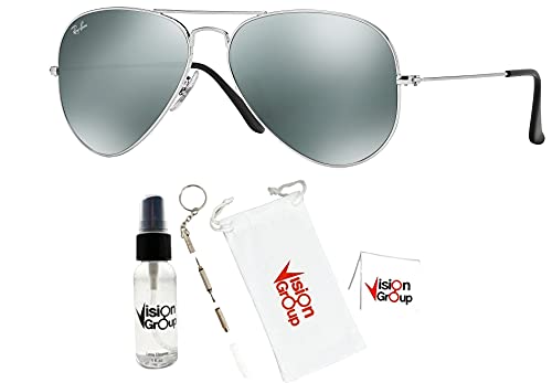 Ray-Ban RB3025 Metal Aviator Sunglasses + Vision Group Accessories Bundle (Silver/Grey Mirror, 58),unisex-adult