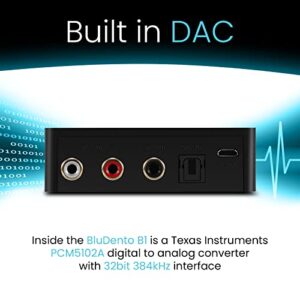 BluDento B1 Bluetooth Stereo Receiver, HD True Hi-Fi V5.1 Audio Receiver, Onboard TI DAC for Analog Stereo RCA Output with Long Range, Digital Coaxial and Optical Output with NFC Pairing Enables