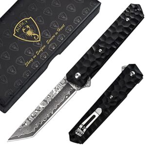 aubey damascus pocket knife, tanto vg10 core damascus steel folding knives with liner lock, ball bearing, aluminum alloy non-slip handle and glass breaker, edc damascus knife for men women (black)