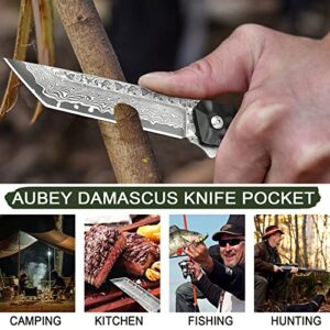 AUBEY Damascus Pocket Knife, Tanto VG10 Core Damascus Steel Folding Knives with Liner Lock, Ball Bearing, Aluminum Alloy Non-Slip Handle and Glass Breaker, EDC Damascus Knife for Men Women (Black)