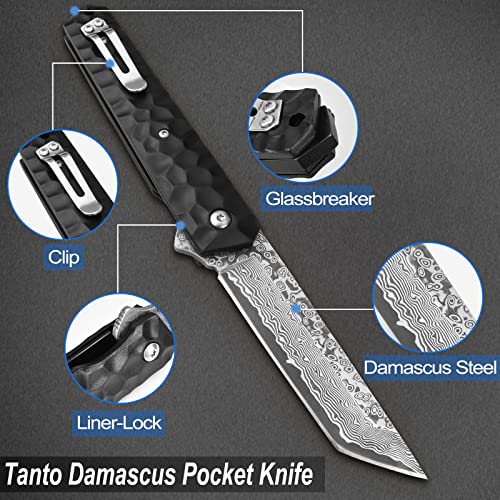 AUBEY Damascus Pocket Knife, Tanto VG10 Core Damascus Steel Folding Knives with Liner Lock, Ball Bearing, Aluminum Alloy Non-Slip Handle and Glass Breaker, EDC Damascus Knife for Men Women (Black)