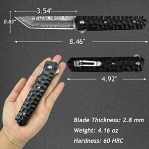 AUBEY Damascus Pocket Knife, Tanto VG10 Core Damascus Steel Folding Knives with Liner Lock, Ball Bearing, Aluminum Alloy Non-Slip Handle and Glass Breaker, EDC Damascus Knife for Men Women (Black)