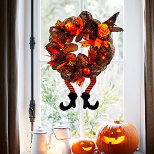 yosager Halloween Wreaths, Halloween Decorations Witch Hat and Legs Wreath, Lighted with 30 LED Orange Lights, Front Door Wall Light up Wreath Ornaments Holiday Party Thanksgiving Decor