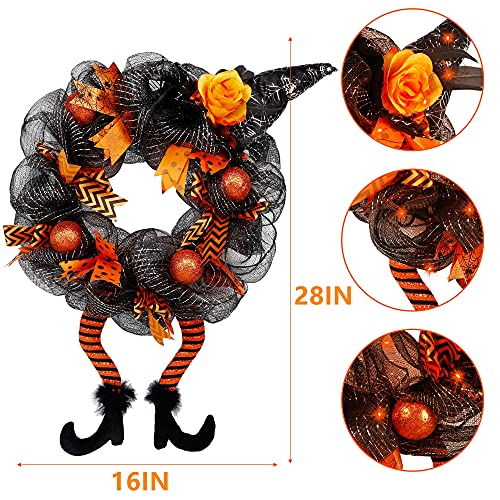 yosager Halloween Wreaths, Halloween Decorations Witch Hat and Legs Wreath, Lighted with 30 LED Orange Lights, Front Door Wall Light up Wreath Ornaments Holiday Party Thanksgiving Decor