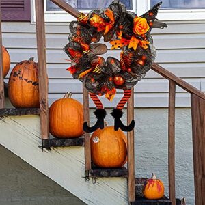 yosager Halloween Wreaths, Halloween Decorations Witch Hat and Legs Wreath, Lighted with 30 LED Orange Lights, Front Door Wall Light up Wreath Ornaments Holiday Party Thanksgiving Decor