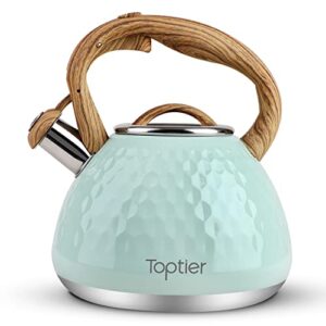 tea kettle, toptier teapot whistling kettle with wood pattern handle loud whistle, food grade stainless steel tea pot for stovetops induction diamond design water kettle, 2.7-quart light green