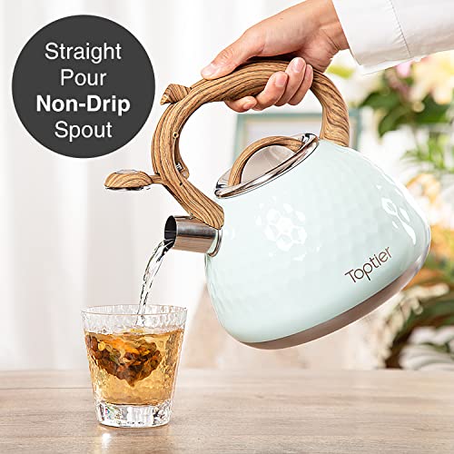 Tea Kettle, Toptier Teapot Whistling Kettle with Wood Pattern Handle Loud Whistle, Food Grade Stainless Steel Tea Pot for Stovetops Induction Diamond Design Water Kettle, 2.7-Quart Light Green