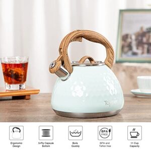 Tea Kettle, Toptier Teapot Whistling Kettle with Wood Pattern Handle Loud Whistle, Food Grade Stainless Steel Tea Pot for Stovetops Induction Diamond Design Water Kettle, 2.7-Quart Light Green