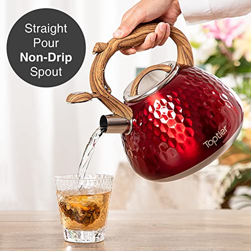 Tea Kettle, Toptier Teapot Whistling Kettle with Wood Pattern Handle Loud Whistle, Food Grade Stainless Steel Tea Pot for Stovetops Induction Diamond Design Water Kettle, 2.7-Quart Red