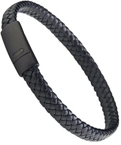 luxar men’s genuine interwoven black leather braided bracelet | brushed black stainless steel clasp | large (7-7½ inch wrist) | male jewelry