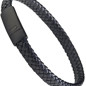 LUXAR Men’s Genuine Interwoven Black Leather Braided Bracelet | Brushed Black Stainless Steel Clasp | Large (7-7½ Inch Wrist) | Male Jewelry