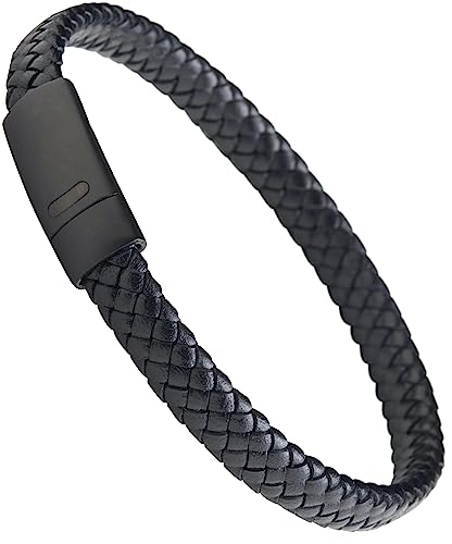 LUXAR Men’s Genuine Interwoven Black Leather Braided Bracelet | Brushed Black Stainless Steel Clasp | Large (7-7½ Inch Wrist) | Male Jewelry