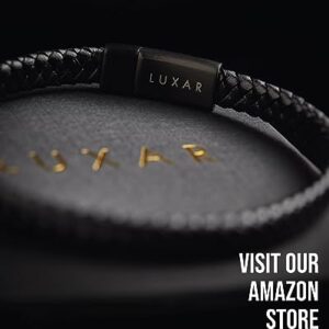 LUXAR Men’s Genuine Interwoven Black Leather Braided Bracelet | Brushed Black Stainless Steel Clasp | Large (7-7½ Inch Wrist) | Male Jewelry