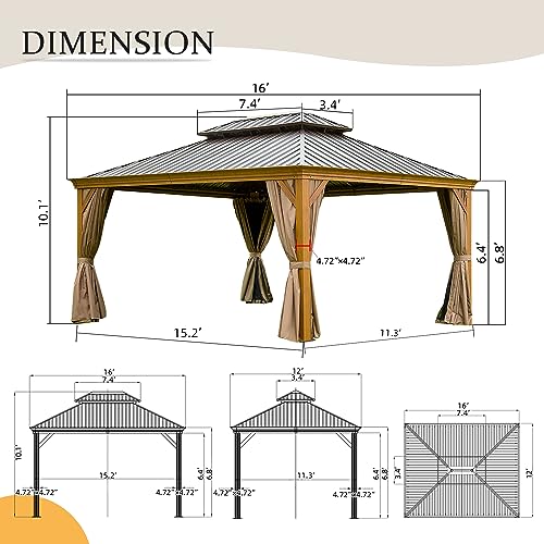 12’ x 16’ Hardtop Gazebo Outdoor Aluminum Wood Grain Gazebos with Galvanized Steel Double Canopy for Patios Deck Backyard,Curtains&Netting by domi outdoor living