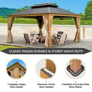 12’ x 16’ Hardtop Gazebo Outdoor Aluminum Wood Grain Gazebos with Galvanized Steel Double Canopy for Patios Deck Backyard,Curtains&Netting by domi outdoor living