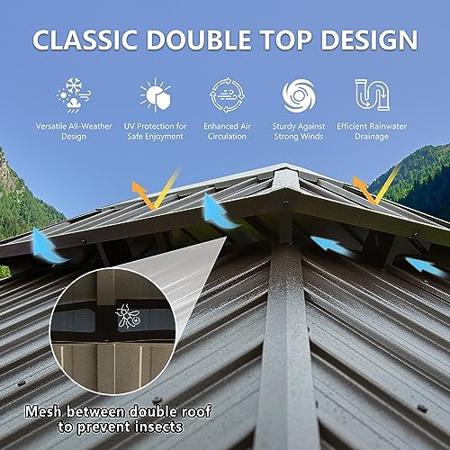 12’ x 16’ Hardtop Gazebo Outdoor Aluminum Wood Grain Gazebos with Galvanized Steel Double Canopy for Patios Deck Backyard,Curtains&Netting by domi outdoor living