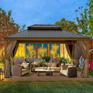 12’ x 16’ Hardtop Gazebo Outdoor Aluminum Wood Grain Gazebos with Galvanized Steel Double Canopy for Patios Deck Backyard,Curtains&Netting by domi outdoor living