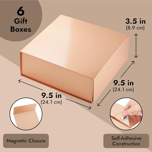 6 Pack Proposal Boxes with Lid for Groomsmen, Bridesmaid, 9.5 x 9.5 x 3.5 Inch Square Glossy Rose Gold Magnetic Gift Box for Parties, Retail