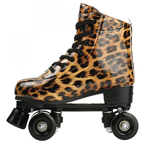 YYW Roller Skates for Women Cozy Stylish Leopard PU Leather High-top Roller Skate Shoes for Beginner, Indoor Outdoor Double-Row Roller Skates with Shoes Bag (Leopard Brown Black Wheel,40)