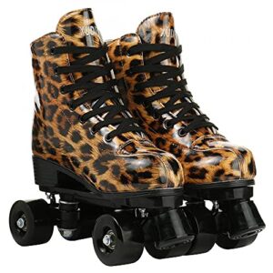 YYW Roller Skates for Women Cozy Stylish Leopard PU Leather High-top Roller Skate Shoes for Beginner, Indoor Outdoor Double-Row Roller Skates with Shoes Bag (Leopard Brown Black Wheel,40)