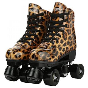 YYW Roller Skates for Women Cozy Stylish Leopard PU Leather High-top Roller Skate Shoes for Beginner, Indoor Outdoor Double-Row Roller Skates with Shoes Bag (Leopard Brown Black Wheel,40)