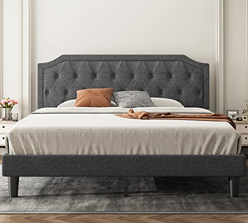 Allewie Upholstered King Size Platform Bed Frame with Adjustable and Curved Corner Design Headboard, Easy Assembly, No Box Spring Required, Dark Grey