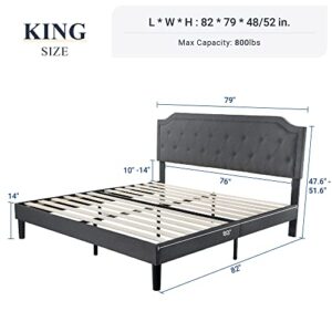 Allewie Upholstered King Size Platform Bed Frame with Adjustable and Curved Corner Design Headboard, Easy Assembly, No Box Spring Required, Dark Grey